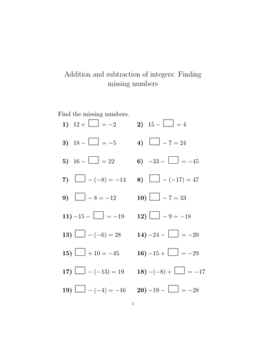 Addition and subtraction of integers: Finding missing numbers worksheet ...