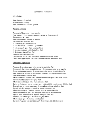 French Grade 9 Phrases For Speaking/Writing | Teaching Resources