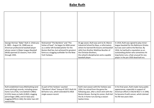 Babe Ruth Comic Strip and Storyboard | Teaching Resources