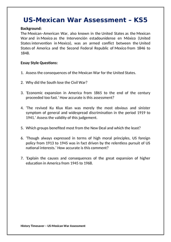 US-Mexican War Assessment Questions | Teaching Resources