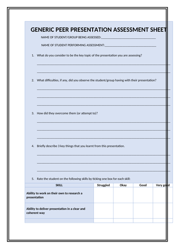 Peer Presentation Assessment Sheet | Teaching Resources