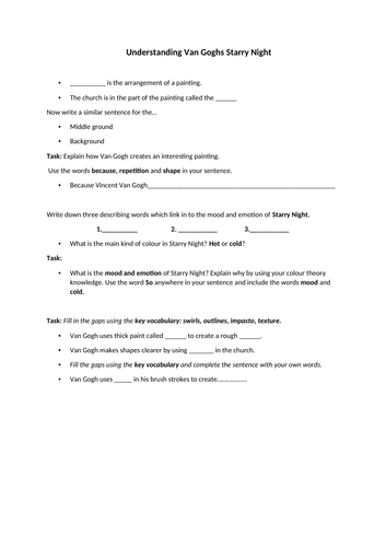 Van Gogh Starry Night Analysis Worksheet By G3ml3w1522