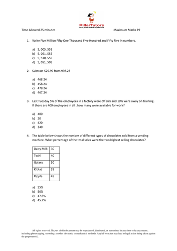 11+ Eleven plus Maths Pack of 4 Papers with Answers | Teaching Resources