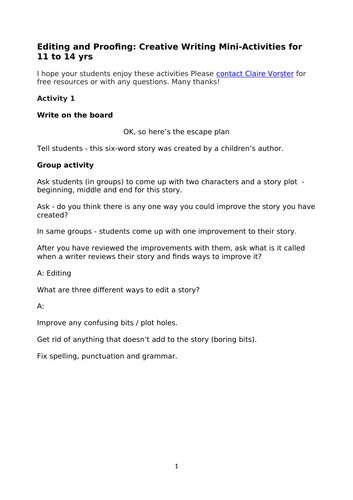 Editing and Proofing: Creative Writing Mini-Activities for 11 - 14 yrs ...