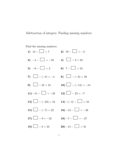 Subtraction of integers: Finding missing numbers worksheet no 2 (with ...