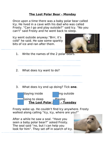 The Lost Polar Bear Story Comprehension Year 2 Age Related | Teaching ...