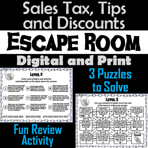 Sales Tax, Tips, and Discounts Activity: Escape Room Math | Teaching ...