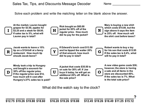 Sales Tax, Tips, Discounts Activity: Math Message Decoder | Teaching ...