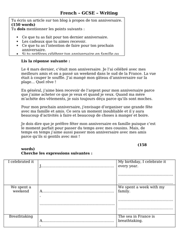 French - GCSE - writing - special occasion (150 word model answer ...