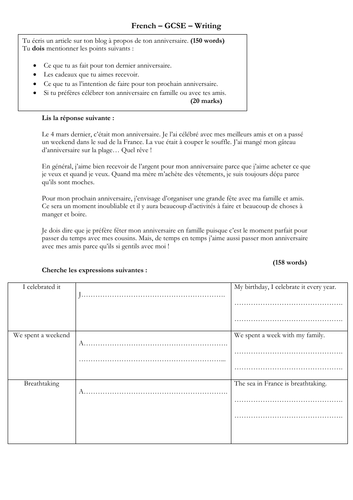 French - GCSE - writing - special occasion (150 word model answer ...
