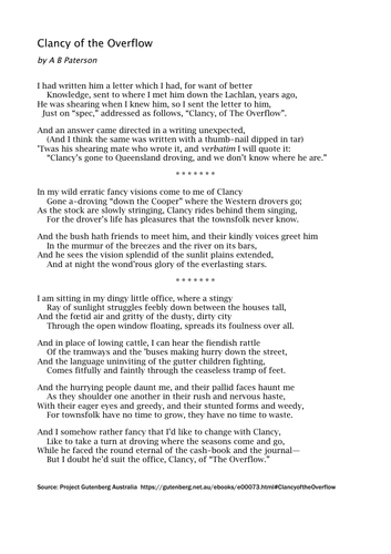 ‘Clancy of the Overflow’ worksheet | Teaching Resources
