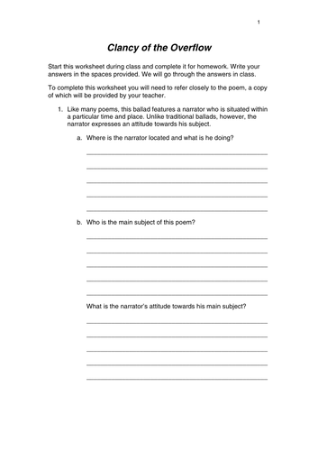 ‘Clancy of the Overflow’ worksheet | Teaching Resources