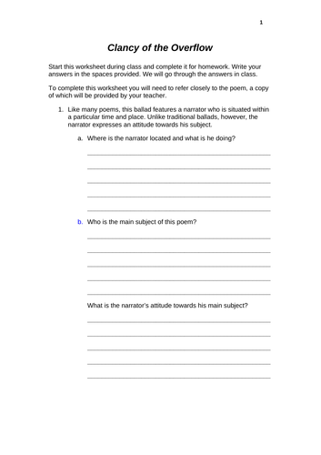 ‘Clancy of the Overflow’ worksheet | Teaching Resources