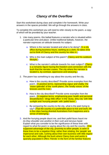 ‘Clancy of the Overflow’ worksheet | Teaching Resources