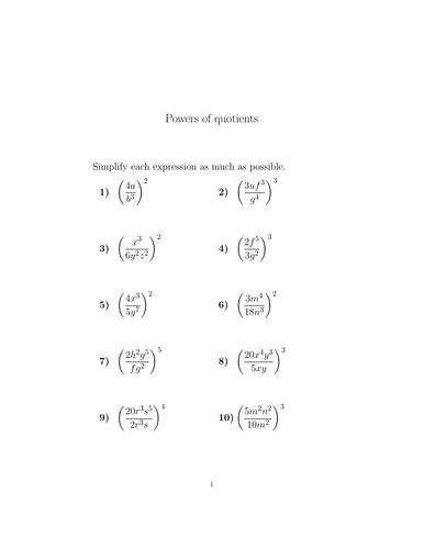 Powers of quotients worksheet no 2 (with solutions) | Teaching Resources
