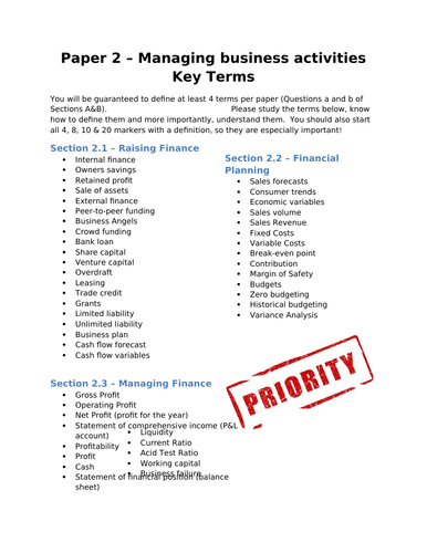 A Level Business Key Terms | Teaching Resources
