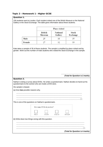 Specifying a Problem & Interpreting Data Homework Pack. Maths KS3/GCSE ...