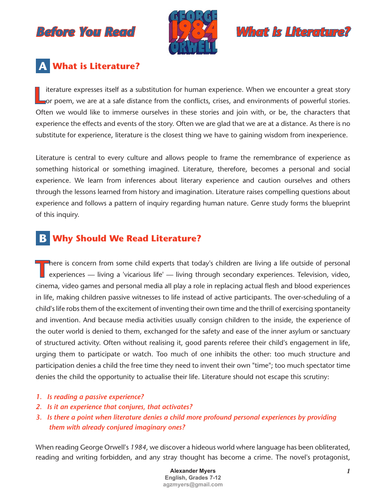 1984 (George Orwell) - Pre-Reading Activities (Critical Thinking ...