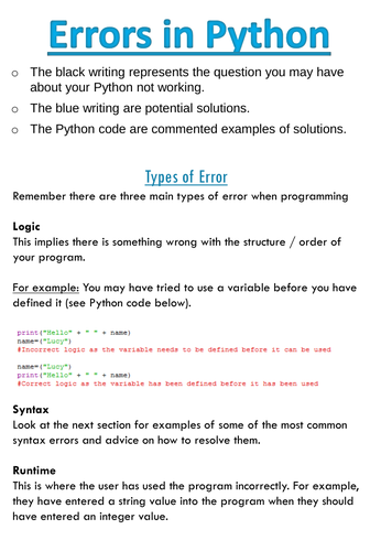 Python Programming Guide - Common Errors | Teaching Resources Python Programming Guide - Common Errors | Teaching Resources