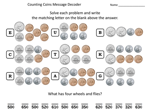 Counting Coins with Canadian Money Activity: Math Message Decoder ...