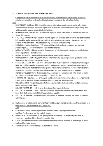 AQA A LEVEL - PSYCHOLOGY ATTACHMENT STUDIES | Teaching Resources