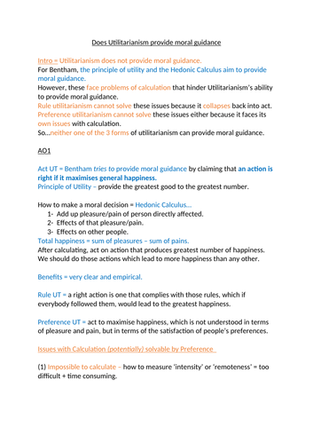 Utilitarianism revision pack - AQA A-level philosophy | Teaching Resources