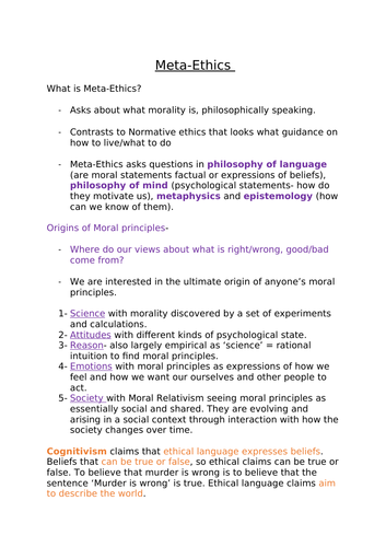 Meta-Ethics revision pack - AQA A-level philosophy | Teaching Resources
