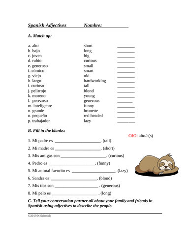Spanish Adjectives Worksheet: Adjetivos en Español | Teaching Resources