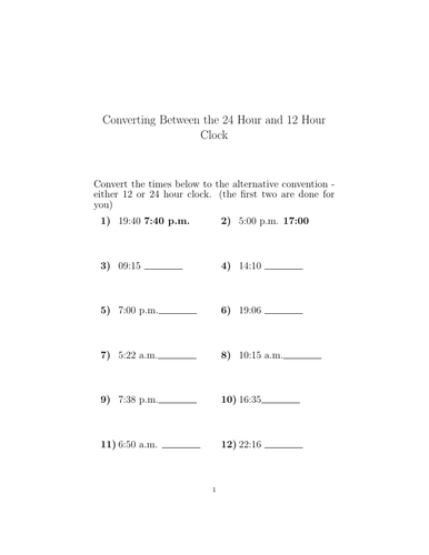Converting between the 24 hour and 12 hour clock worksheet no 2 (with ...