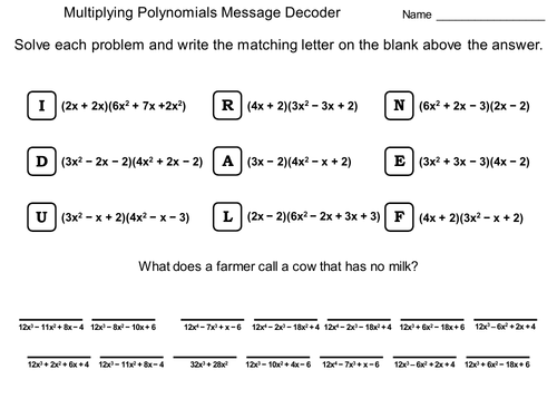 Multiplying Polynomials Worksheet: Math Message Decoder | Teaching ...
