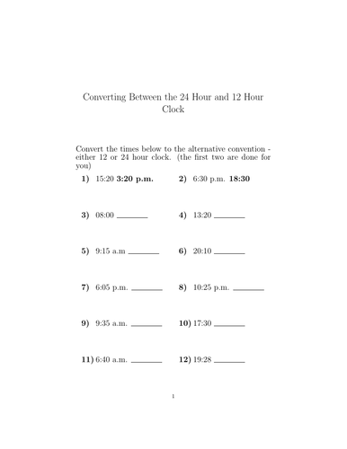 Converting between the 24 hour and 12 hour clock worksheet no 3 (with ...