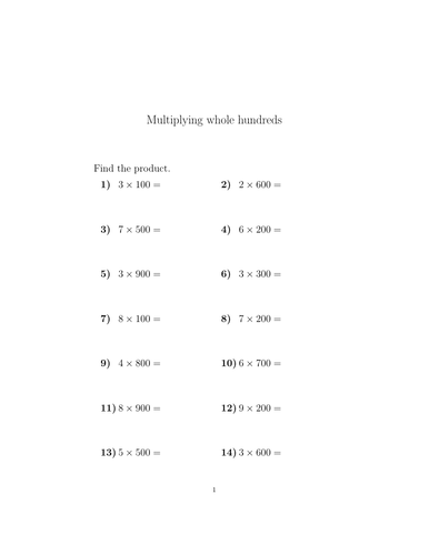 Multiplying whole hundreds worksheet (with solutions) | Teaching Resources