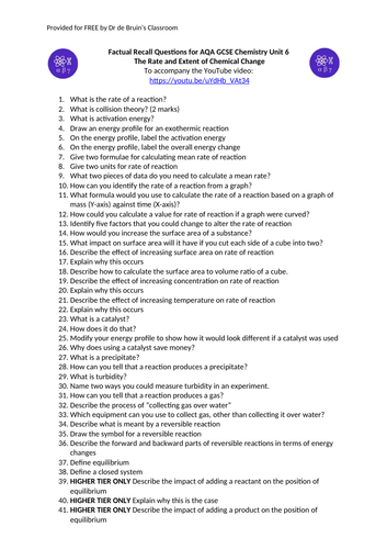 Factual Recall Questions for AQA GCSE Chemistry / Combined Science ...