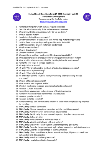 Factual Recall Questions for AQA GCSE Chemistry / Combined Science ...