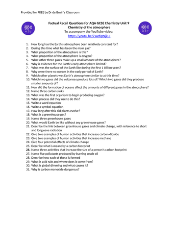 Factual Recall Questions for AQA GCSE Chemistry / Combined Science ...