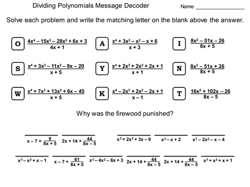 Dividing Polynomials Worksheet: Math Message Decoder | Teaching Resources