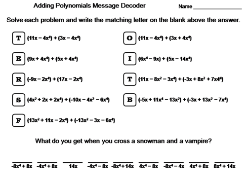 Adding Polynomials Worksheet: Math Message Decoder | Teaching Resources