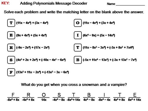 Adding Polynomials Worksheet: Math Message Decoder | Teaching Resources