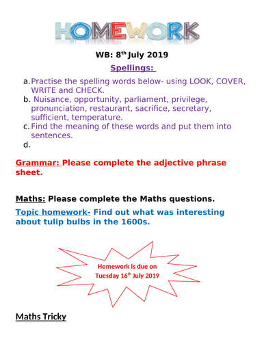 5 weeks of Homework for Y5 students | Teaching Resources