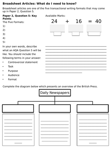 Broadsheet Article Writing for GCSE | Teaching Resources