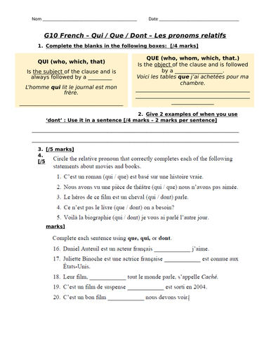 Relative pronouns-qui, que, dont | Teaching Resources
