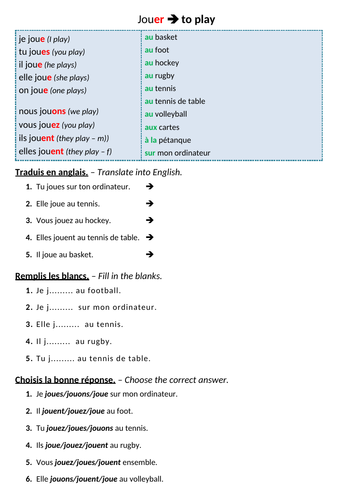J'aime le sport - le verbe jouer | Teaching Resources