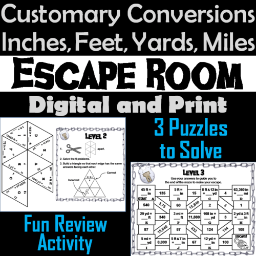 Customary Conversions Activity: Inches, Feet, Yards, Miles Escape Room ...