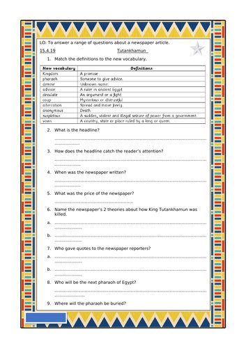Ancient Egypt: Tutankhamun's Tomb - A Newspaper Article | Teaching ...