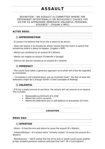 A-Level Law Assault Structure Template | Teaching Resources