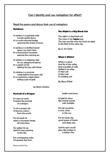 English KS2- Using metaphors in poetry | Teaching Resources