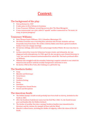 A Streetcar Named Desire - Context Revision Sheet | Teaching Resources