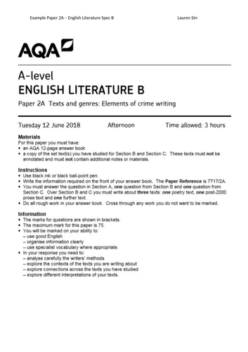 English Literature AQA Specification B Full Paper 2A with example ...
