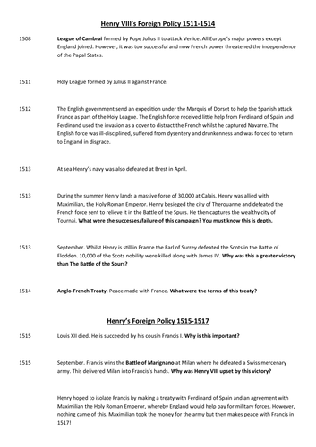 Timeline of Henry VIII's Foreign Policy 1509-1529 | Teaching Resources