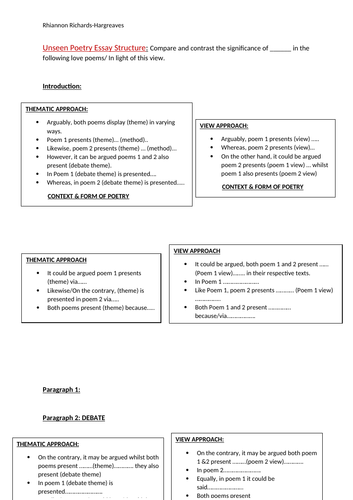 Unseen Poetry // Comparison Essay Structure | Teaching Resources